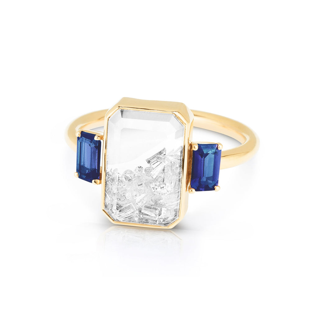Three Stone Blue Emerald cute in 18 karat - Moritz Glik